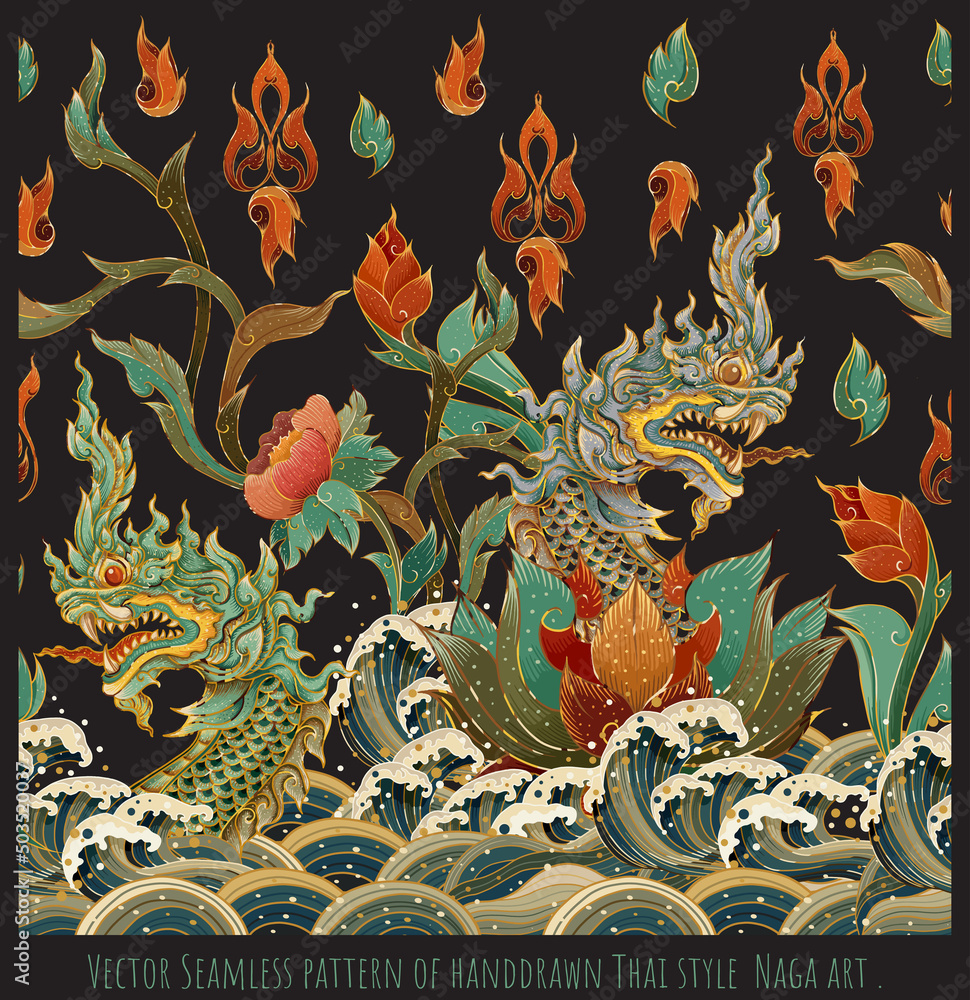 Vector Seamless pattern of handdrawn Thai style Naga art Stock Vector ...