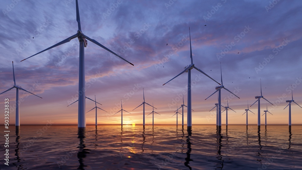 8k Ultra HD 7640x4320. Ocean Wind Farm. Windmill farm in the ocean ...