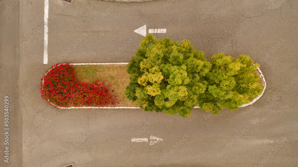 Aerial shot of a floral road median in a parking lot entrance in the ...