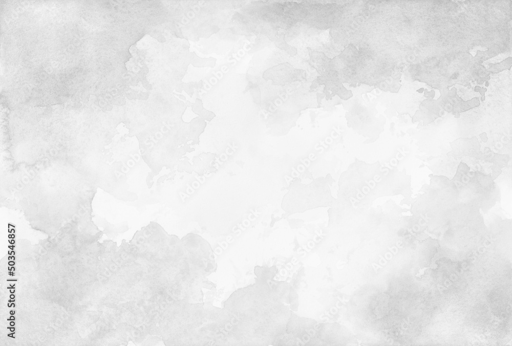 Hand painted white watercolor background. Blotches of gray paint with ...