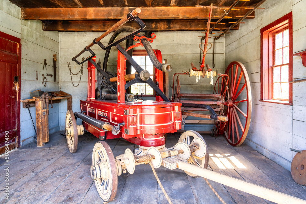 Fire cart. Seen in Black Creek Pioneer Village which is an open-air ...