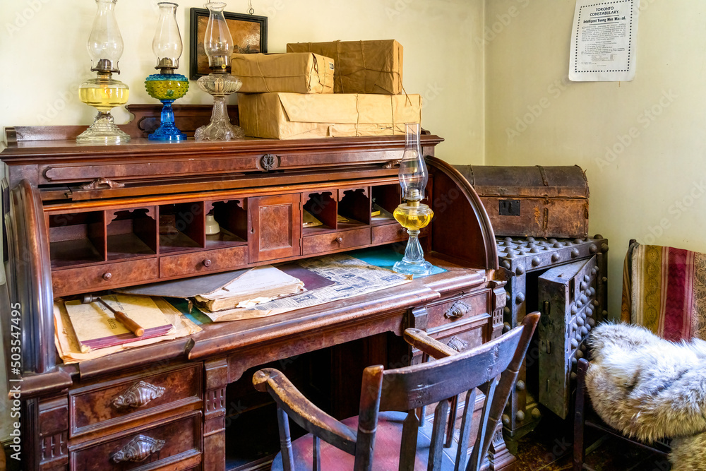 Antique working desk. Seen in Black Creek Pioneer Village which is an ...