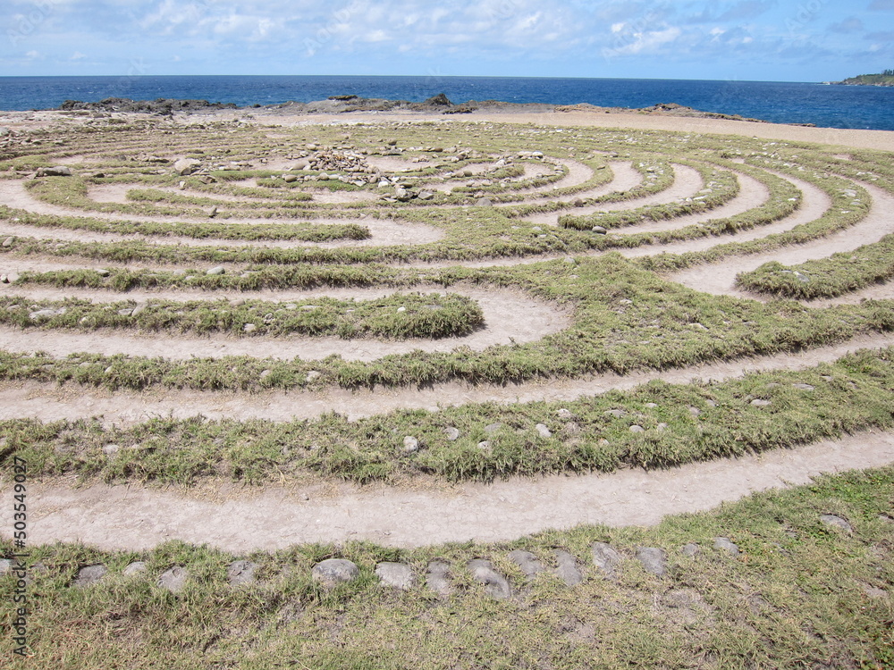 Dragon's teeth labyrinth at Makaluapuna Point, Kapalua, Maui, Hawaii. A ...