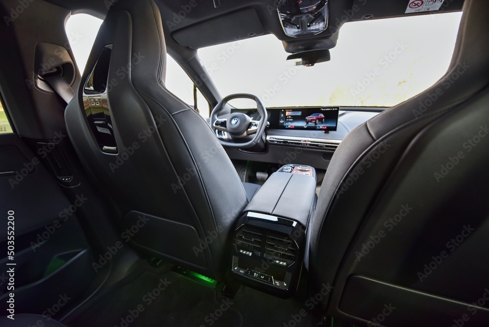 BMW iX xDrive40. Fully electric luxury big car. Cabin interior ...