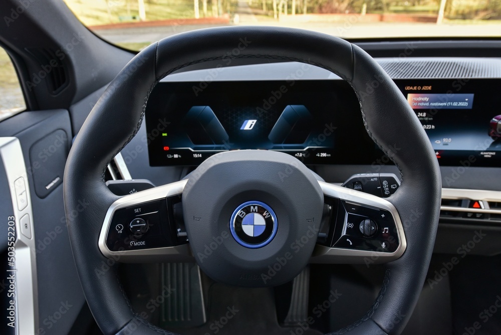 BMW iX xDrive40. Fully electric luxury big car. Cabin interior ...
