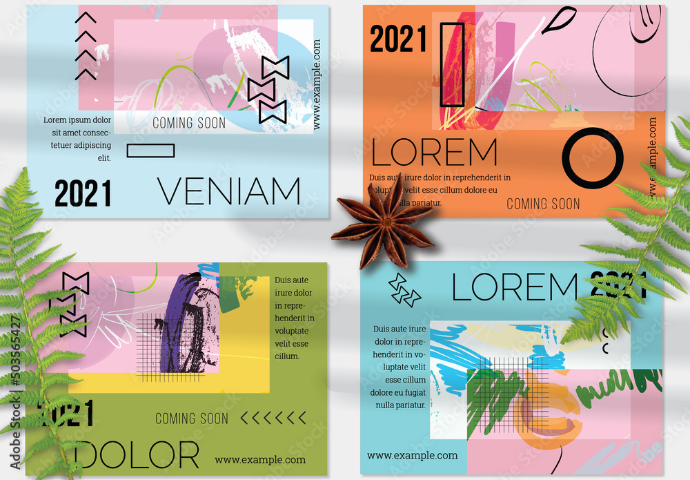 Flyer Layout with Geometric Shapes and Abstract Bright Artistic Brush ...