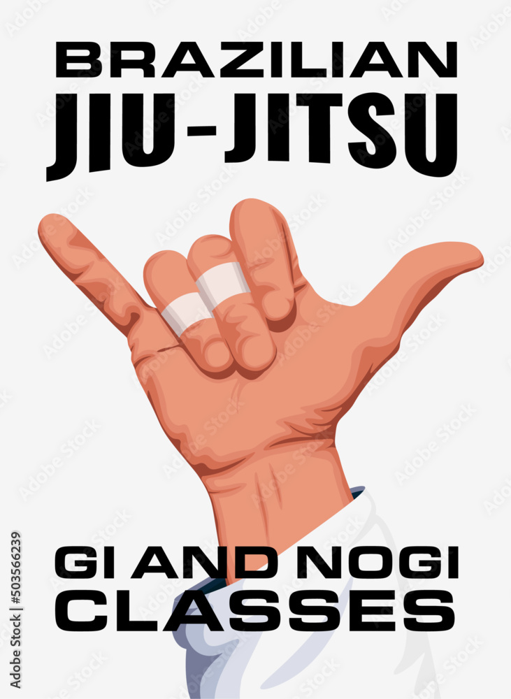 BJJ white poster design with shaka hand. Shaka hand sign with gi ...