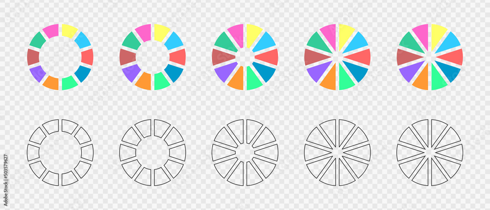 Donut charts divided in 10 multicolored and graphic sections ...
