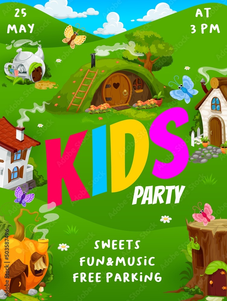 Kids party vector flyer with cartoon village of gnome and elf houses ...