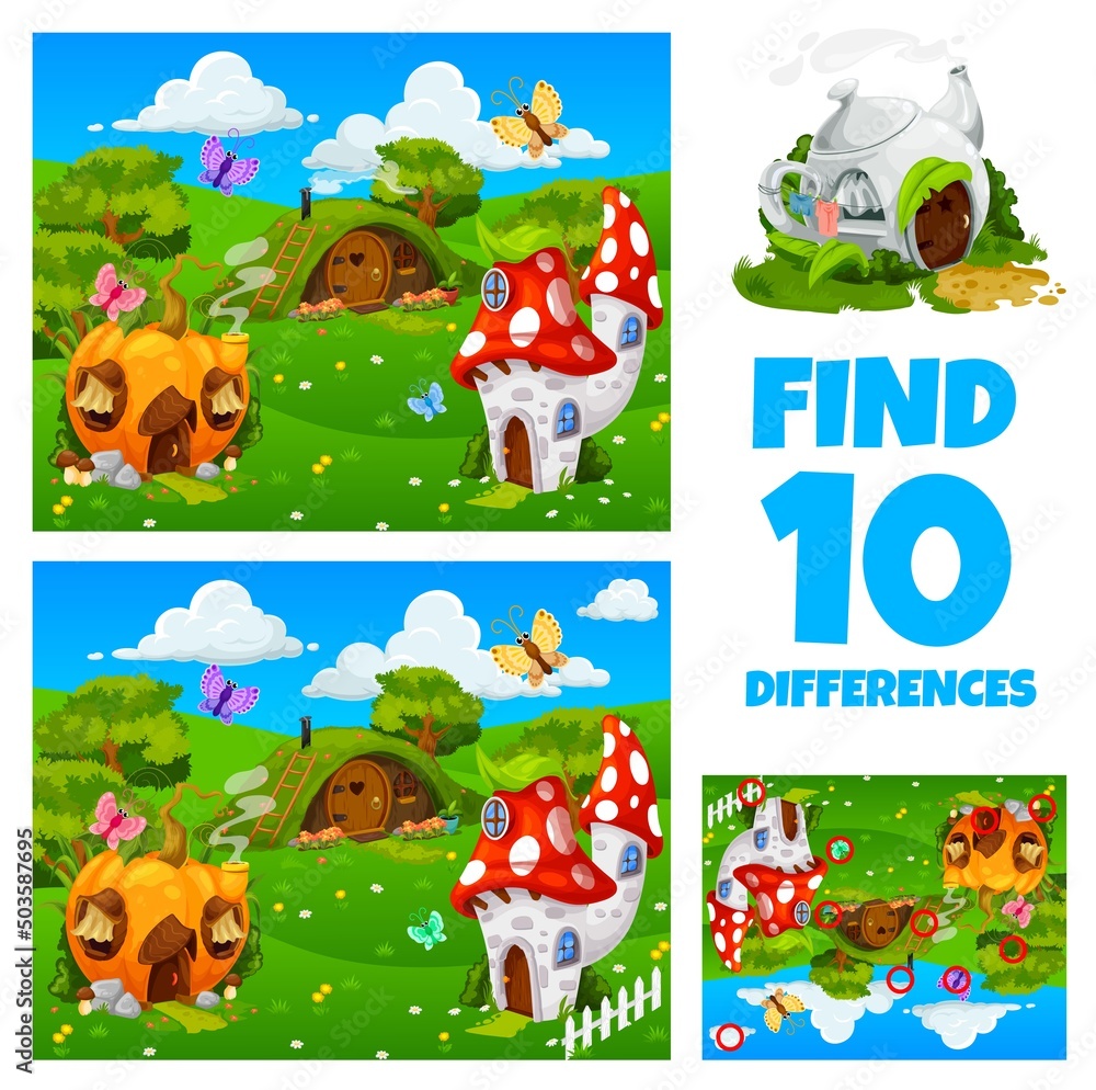 Find ten difference of cartoon dwellings and houses puzzle worksheet ...