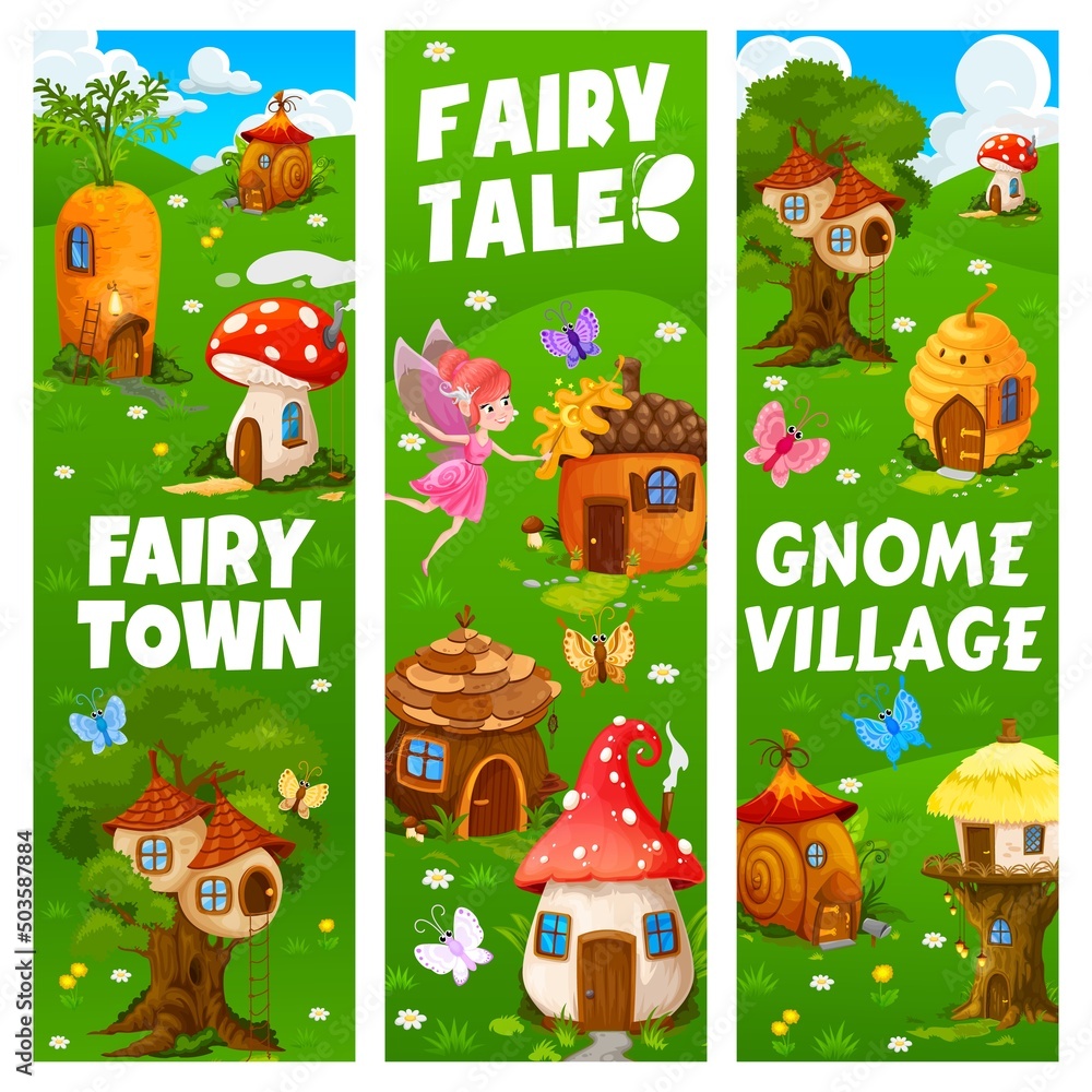 Fairy town and village banners, cartoon gnome and elf houses. Vector ...