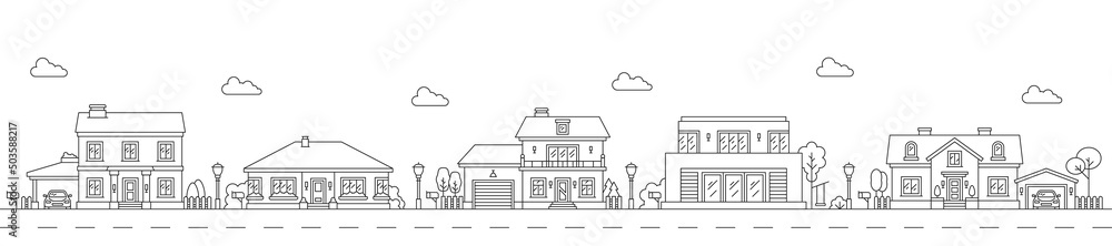 Neighborhood line art cityscape. Town city street with outline ...