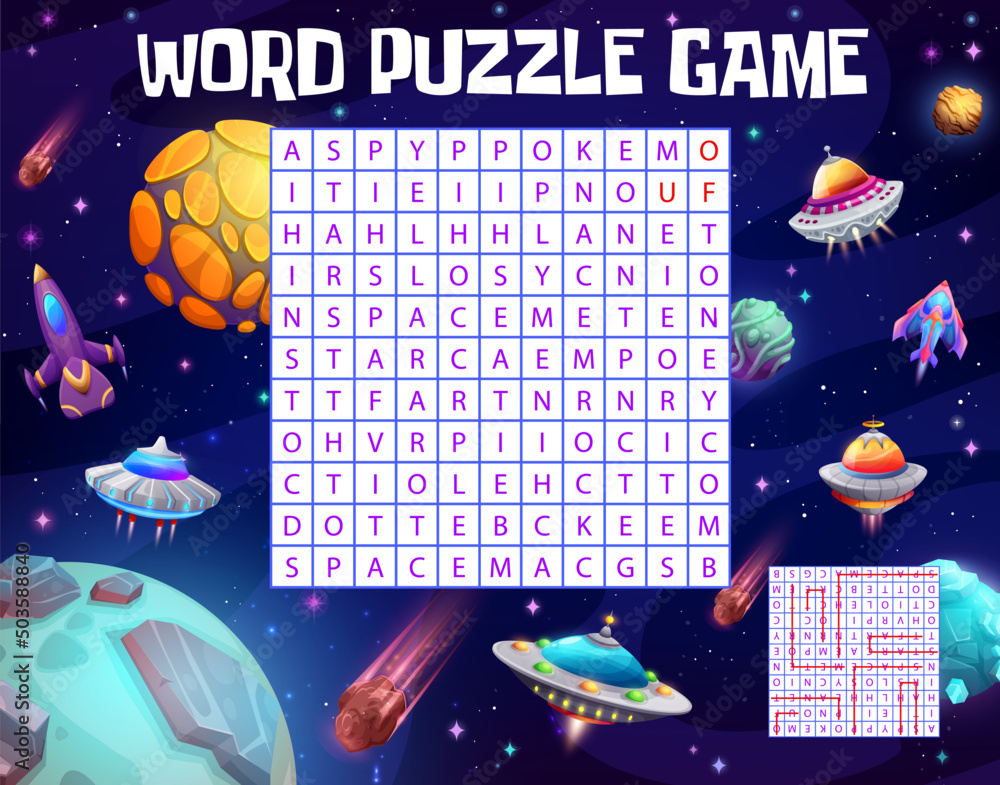 Ufo, spacecraft and starship in galaxy word search puzzle game ...