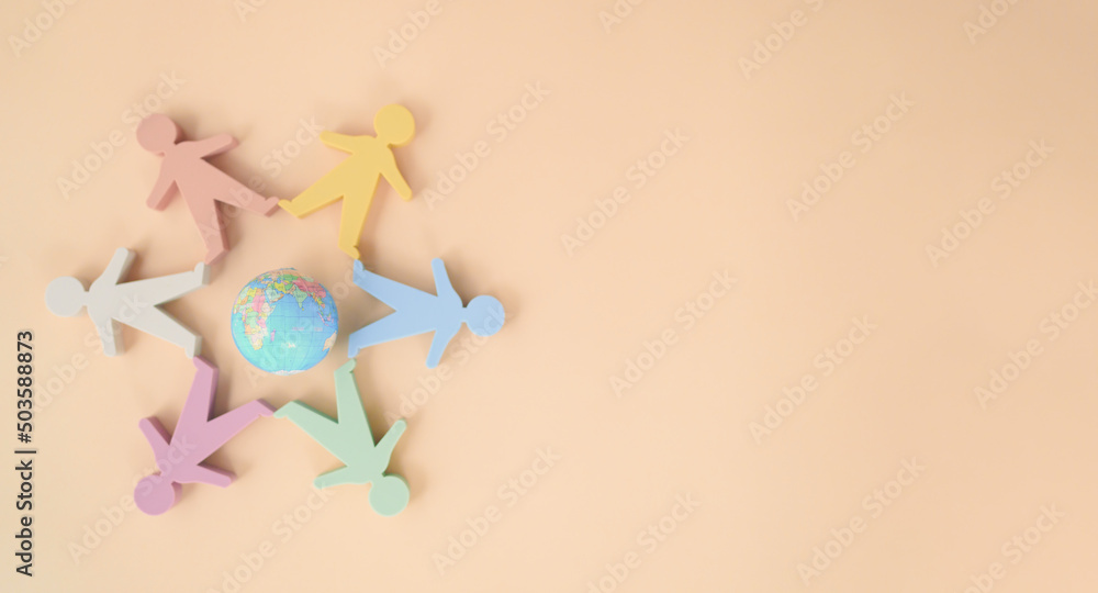 Top view model of group people standing around heart paper craft with ...