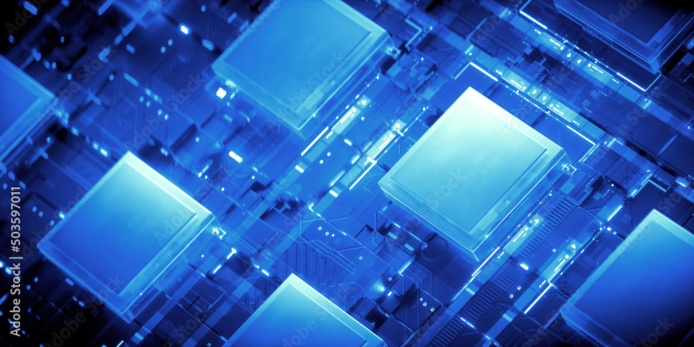 3D rendering of cyberpunk AI. Circuit board. Technology background ...