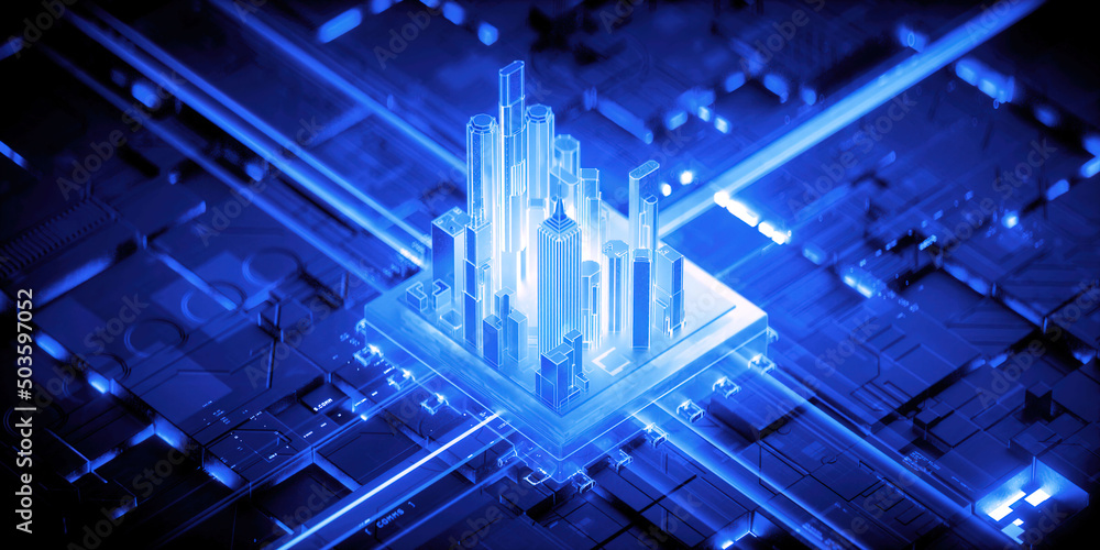 3D rendering of cyberpunk AI. Circuit board. Technology background ...