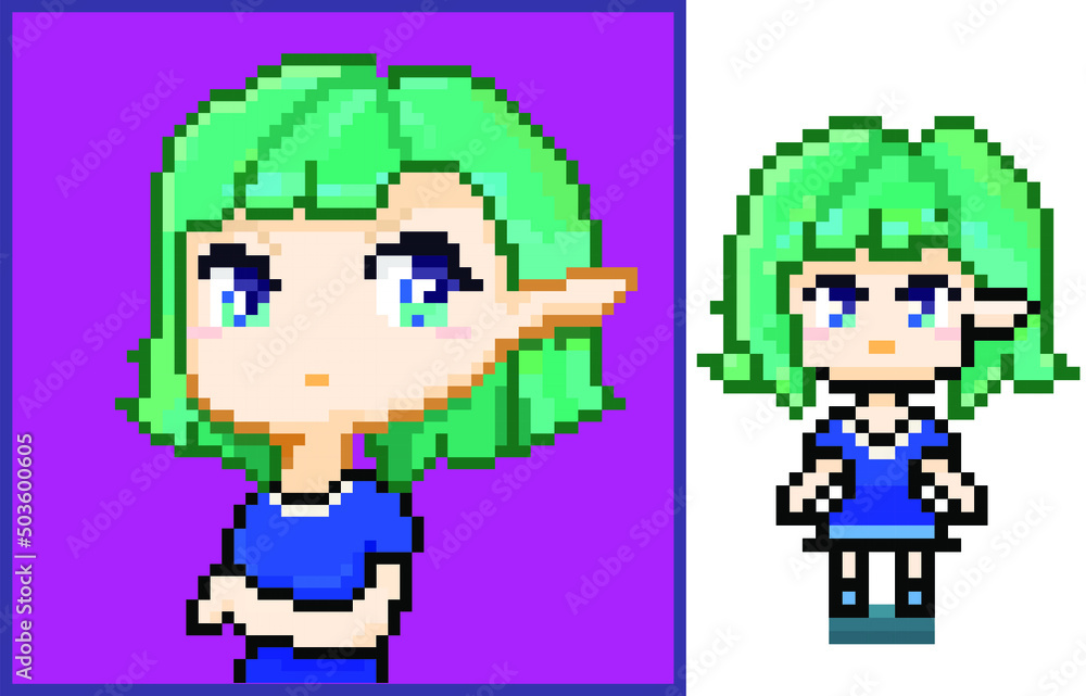 Pixel art game female character elf anime Stock Vector | Adobe Stock