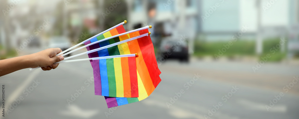 Rainbow flags showing in hand beside the main road to inform and ...