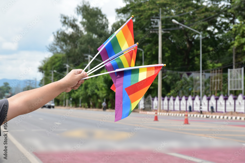 Rainbow flags showing in hand beside the main road to inform and ...