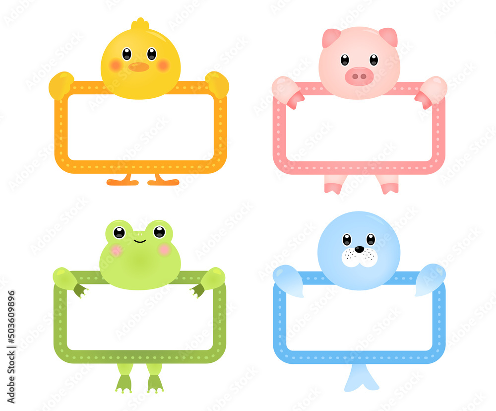 A name tag with a cute animal face memo icon illustration set ...