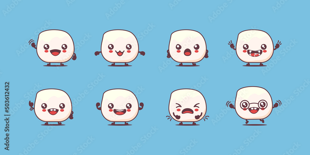 mochi cartoon. japanese food vector illustration. with different faces ...