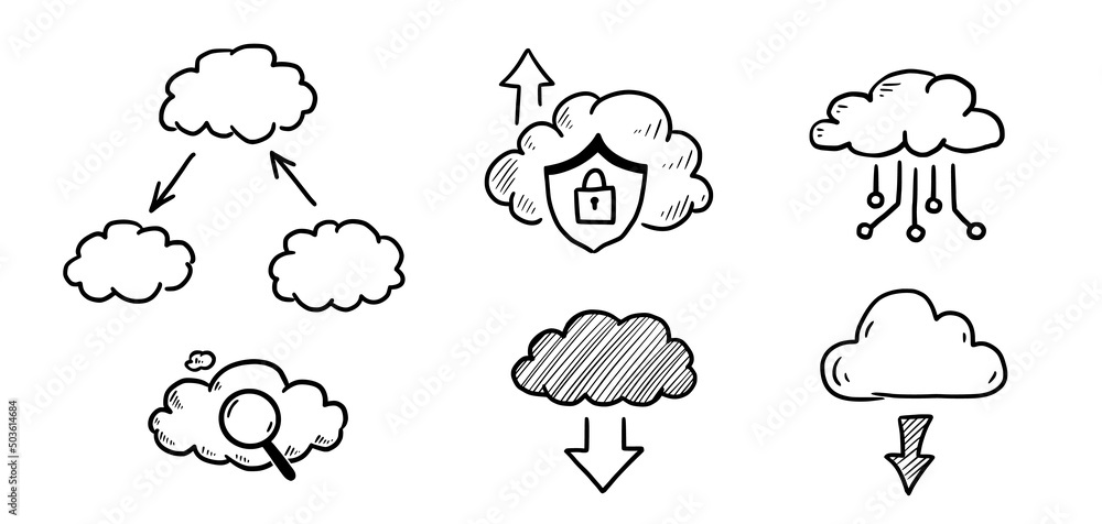 Doodle data server cloud set. Hand drawn sketch style cloud, arrow for ...