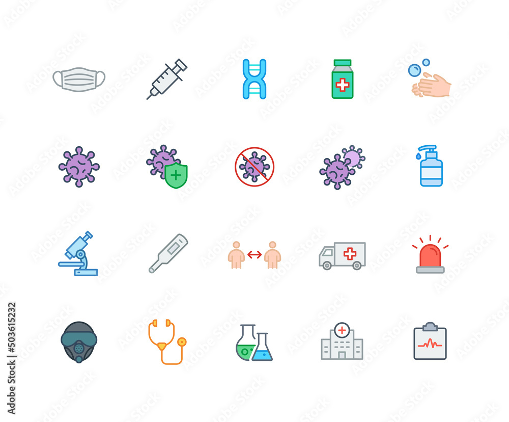 Covid-19, Virus and remedial treatment linear icons and color icons ...