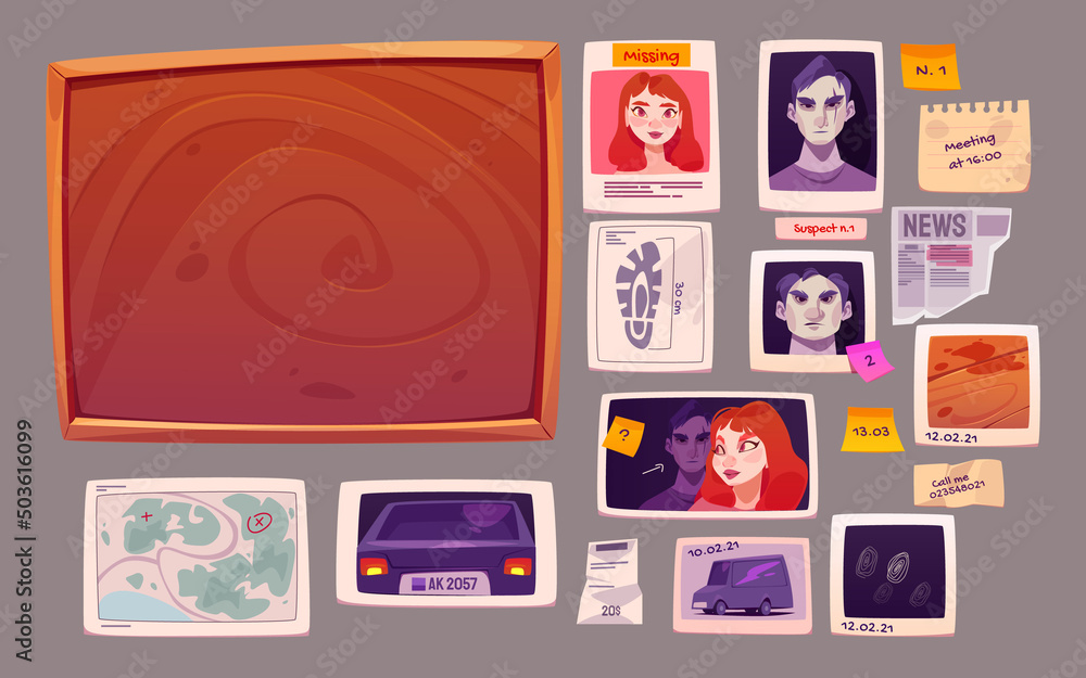 Detective board with evidences of crime. Police investigation plan ...