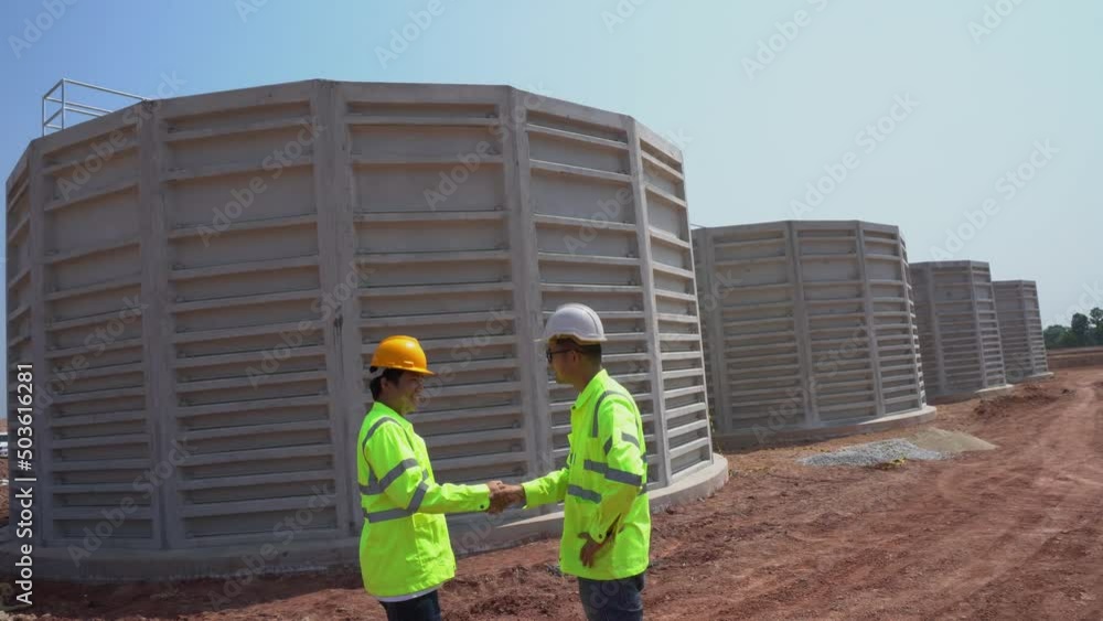 Teamwork civil engineer plan the construction of unfinished Water tanks ...