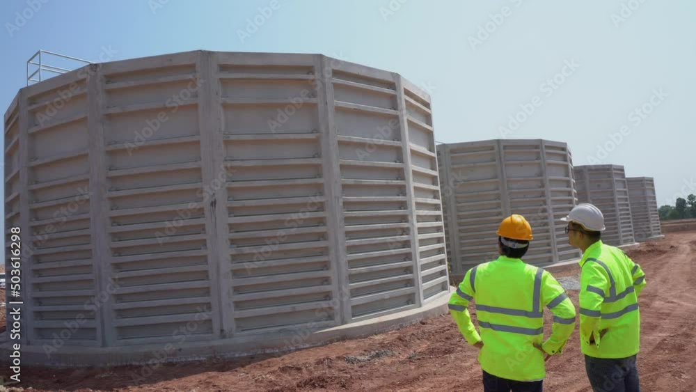 Teamwork civil engineer plan the construction of unfinished Water tanks ...