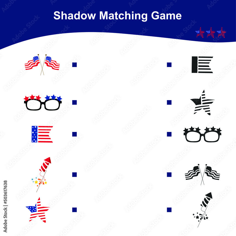4th July worksheet for children. Matching shadow game for Preschool ...