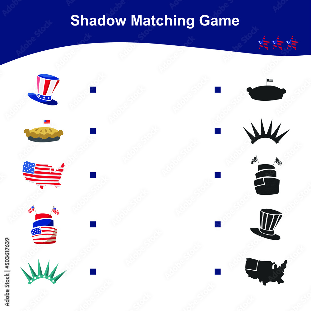 4th July worksheet for children. Matching shadow game for Preschool ...