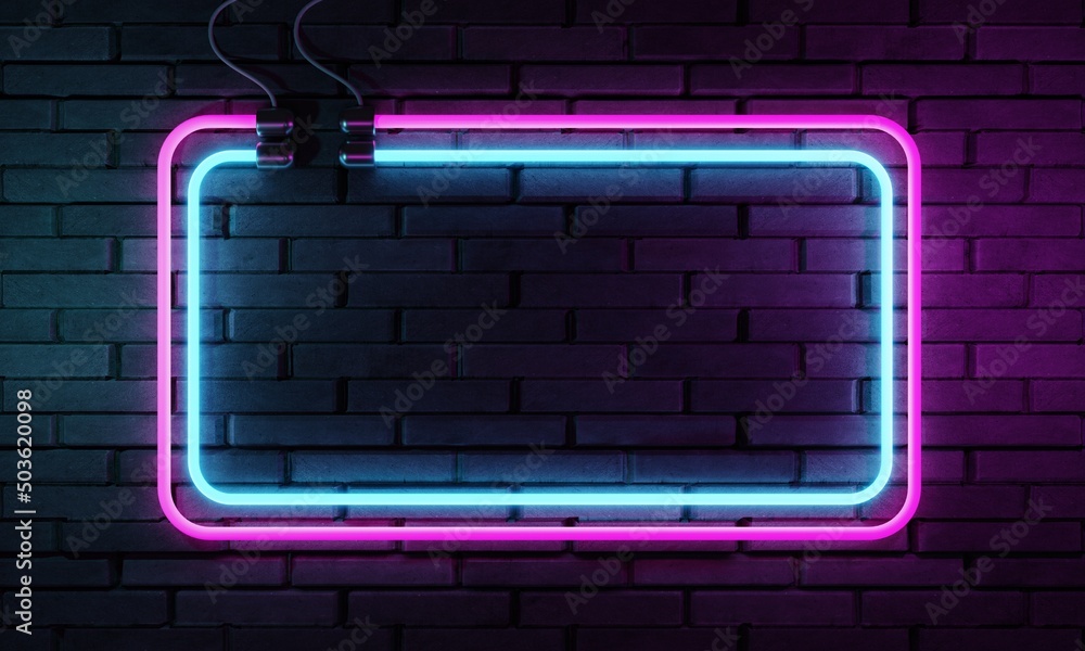 Neon sign banner with copy space on retro brick wall background ...