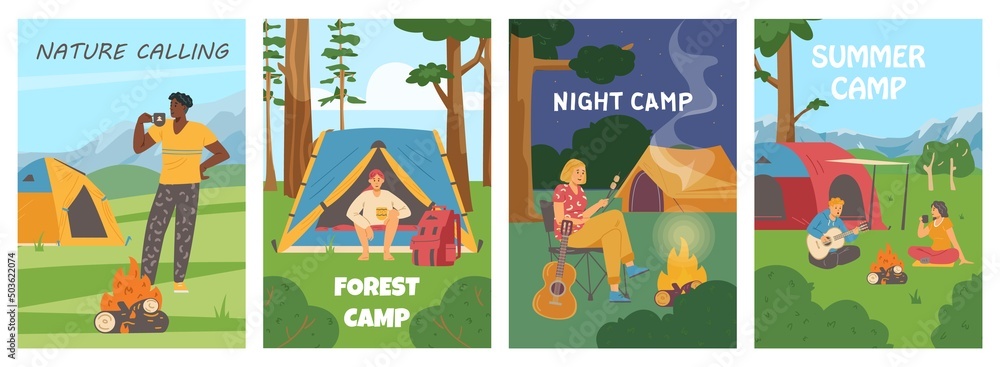 Camping posters set with people relaxing in nature with tents and ...