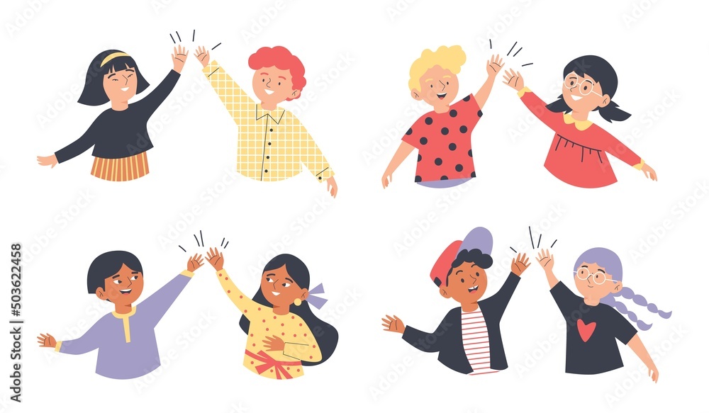 Kids clapping hands and greeting with high five, vector illustration ...