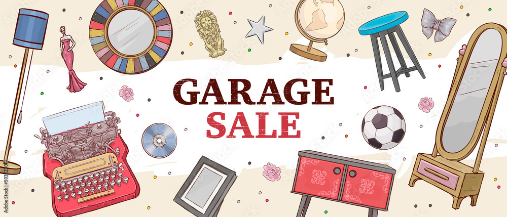 Garage sale concept illustration. Garage promotional sale horizontal ...