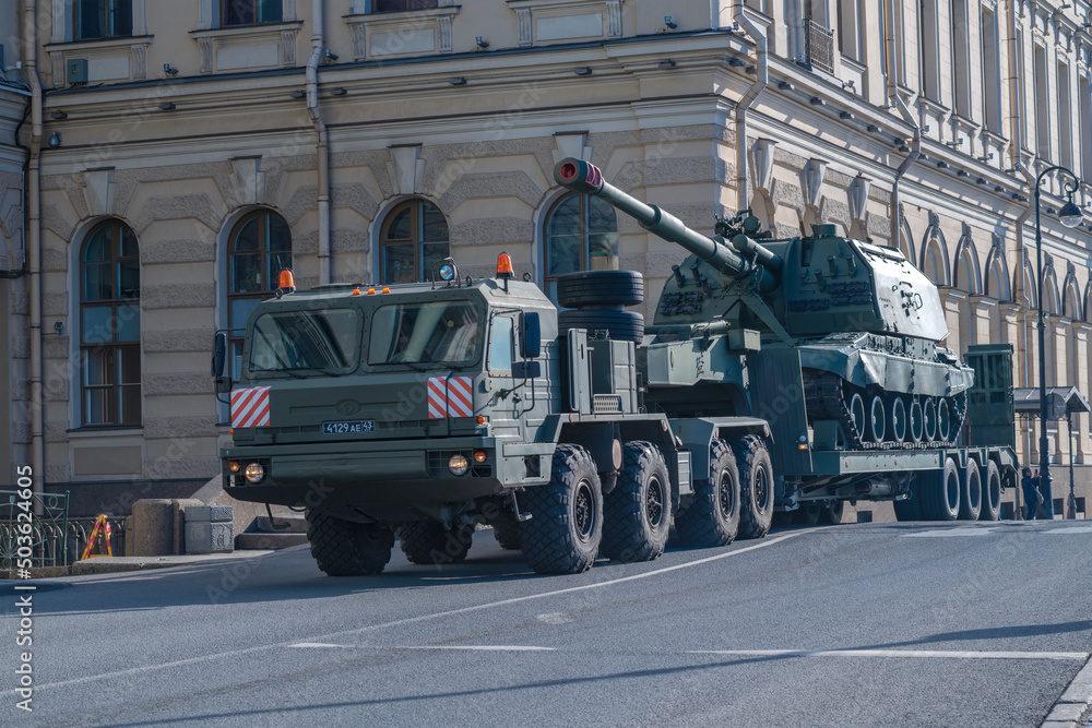 SAINT PETERSBURG, RUSSIA - APRIL 28, 2022: Heavy transporter BAZ-6403 ...