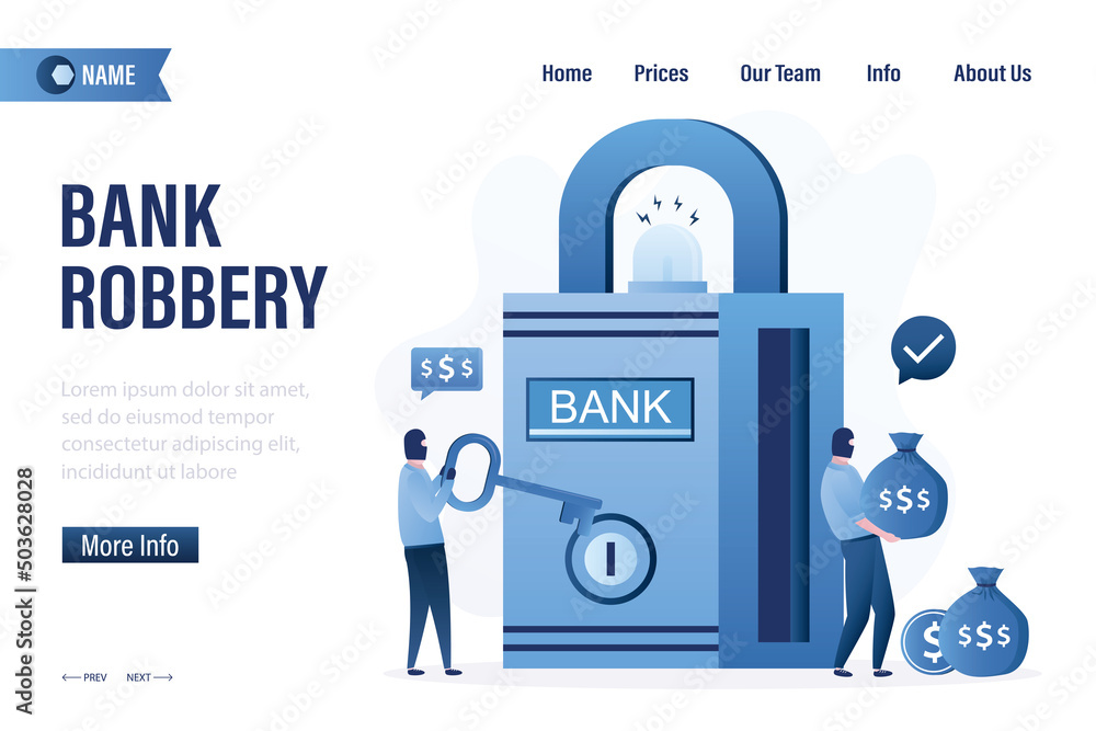 Bank robbery, landing page template. Robbers take money out of well ...