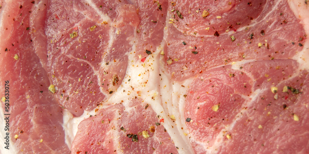 raw pig meat close-up. meat marinating process. pork with spices. meat ...