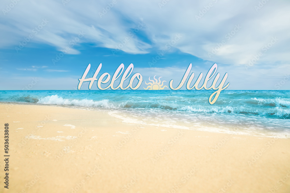 Hello July. Sea waves rolling on beautiful sandy beach Stock Photo ...
