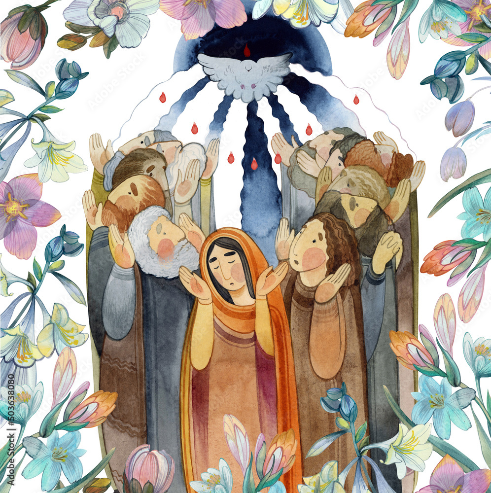 Watercolor illustration Descent of the Holy Spirit on the Apostles ...