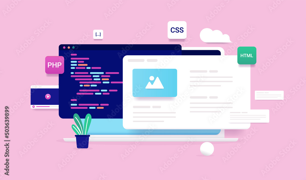Web development vector illustration with laptop computer screen ...