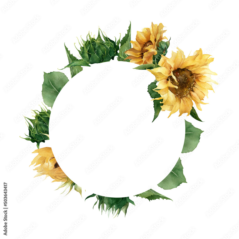 Watercolor sunflower frame. Floral round border for text. Yellow garden ...