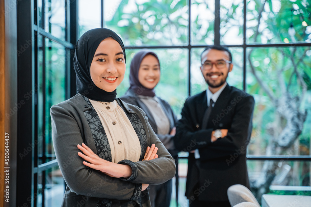beautiful muslim businesswoman leader as she standing in front of her ...