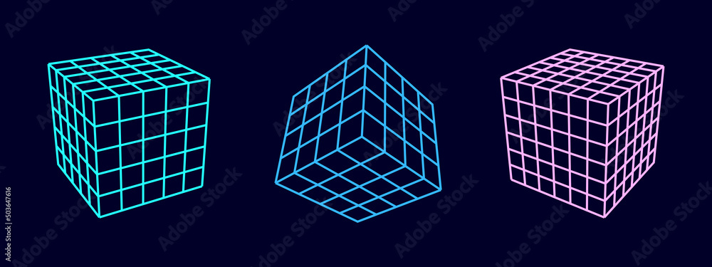 Set of color wireframe cubes. 3d geometric forms. Realistic isolated ...