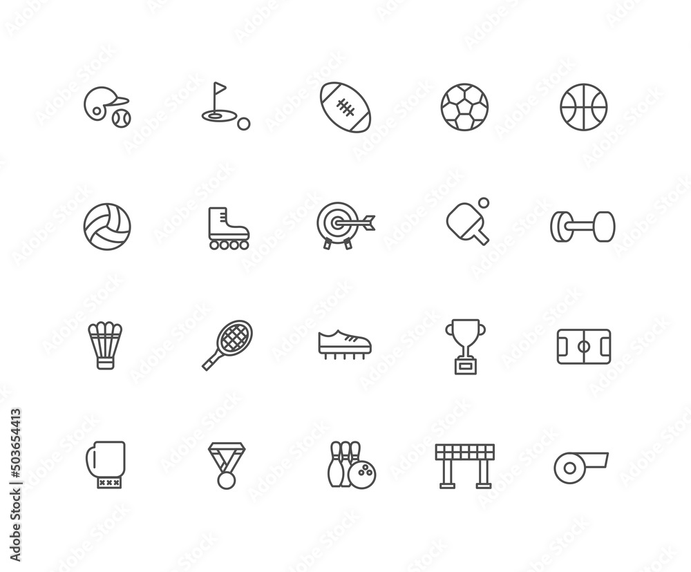 Collection of sports linear icons. play, soccer, ball ,field ,goal ...