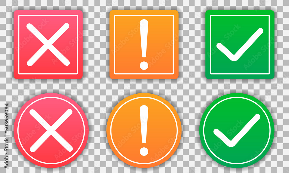 Set of flat round check mark, exclamation point, X mark icons, buttons ...