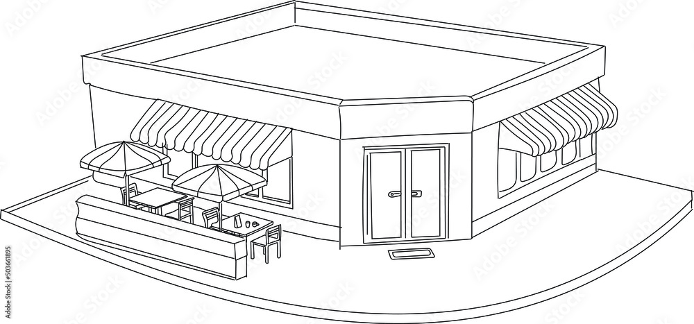 Outline sketch drawing of open street cafe, line art illustration ...