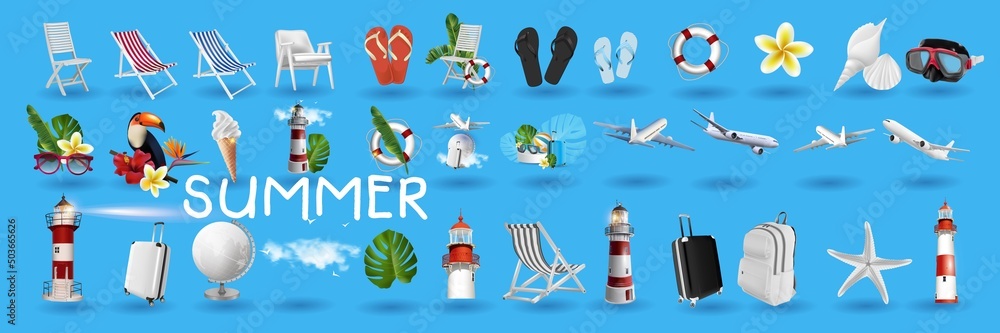 Realistic 3D vector summer holidays symbols objects set. Summer ...