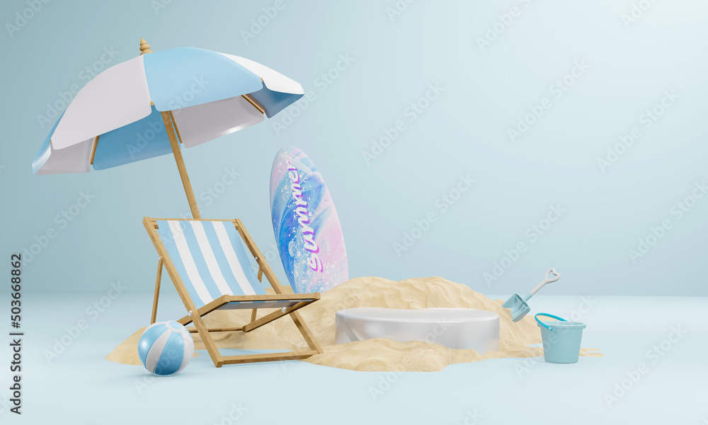 summer background 3d product display platform scene with surfboard ...